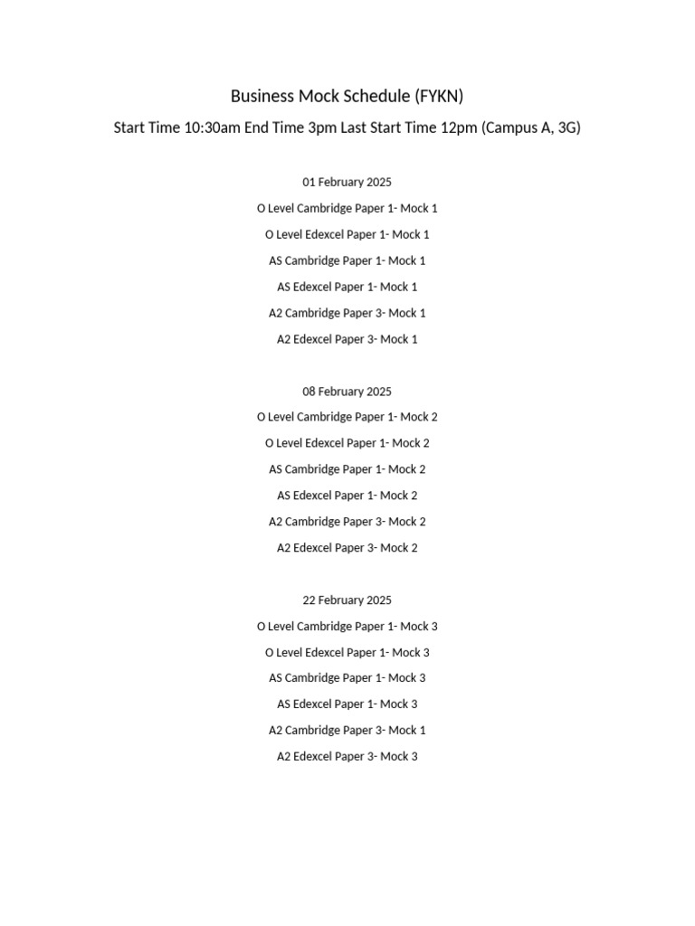 Business Mock Schedule Final | PDF