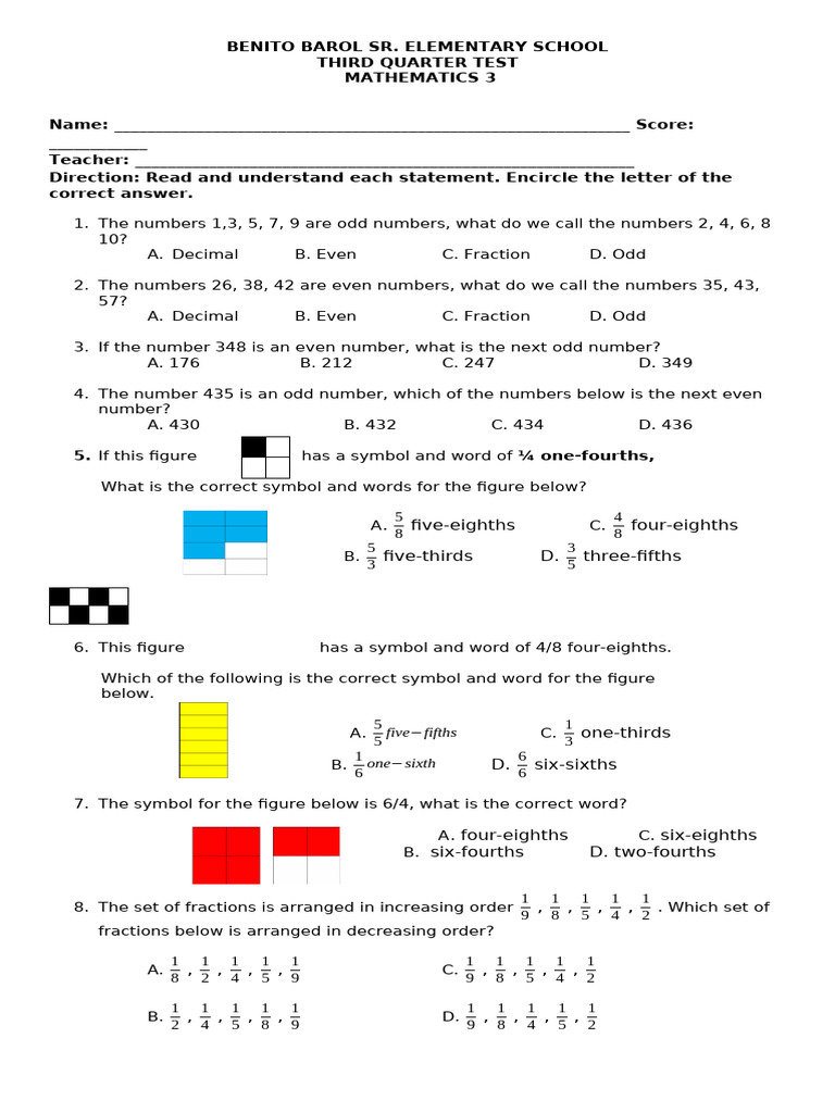 Mathematics 3 Third Quarter Test | PDF | Numbers | Perpendicular