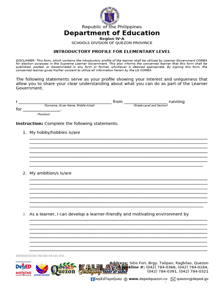 5a. Introductory Profile Elementary | PDF | Learning
