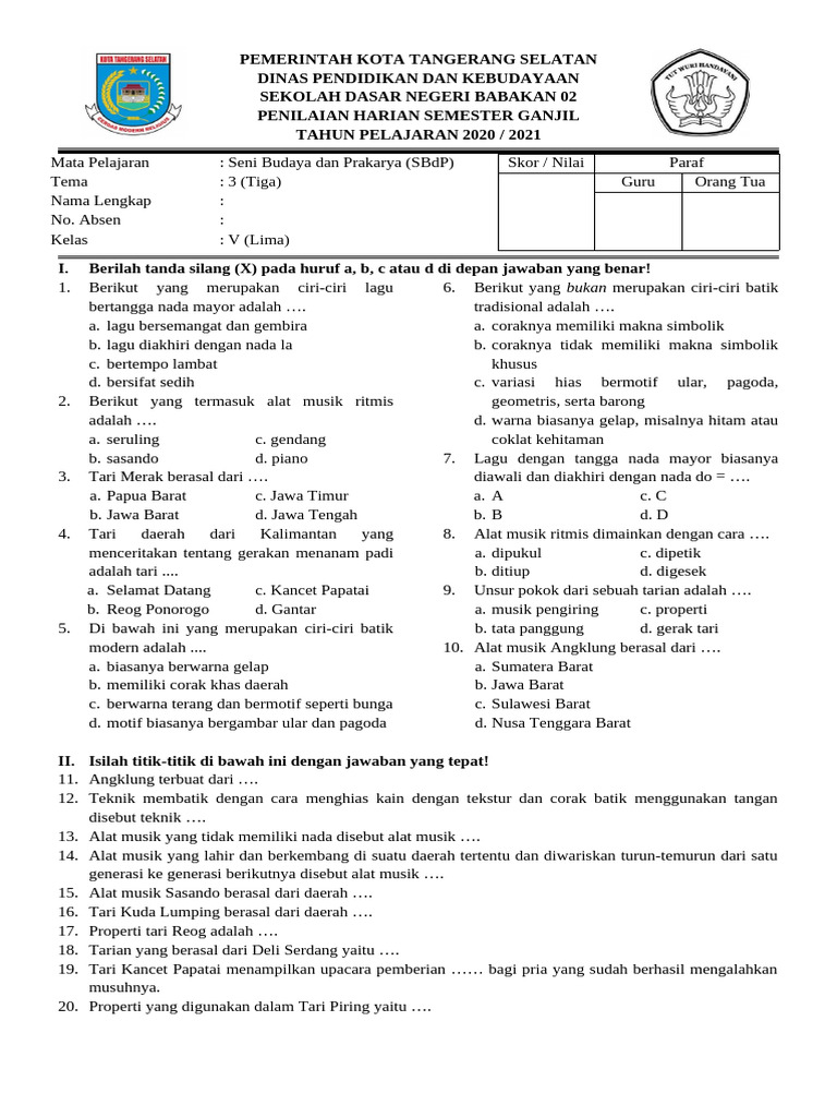 PH SBdP T 3 Kelas V Semester 1 | PDF