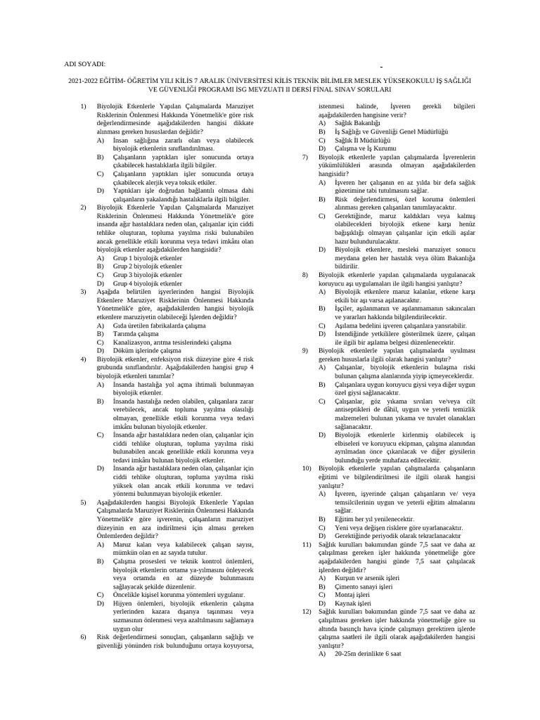 Isg Mevzuatı II Bahar Final Soruları | PDF