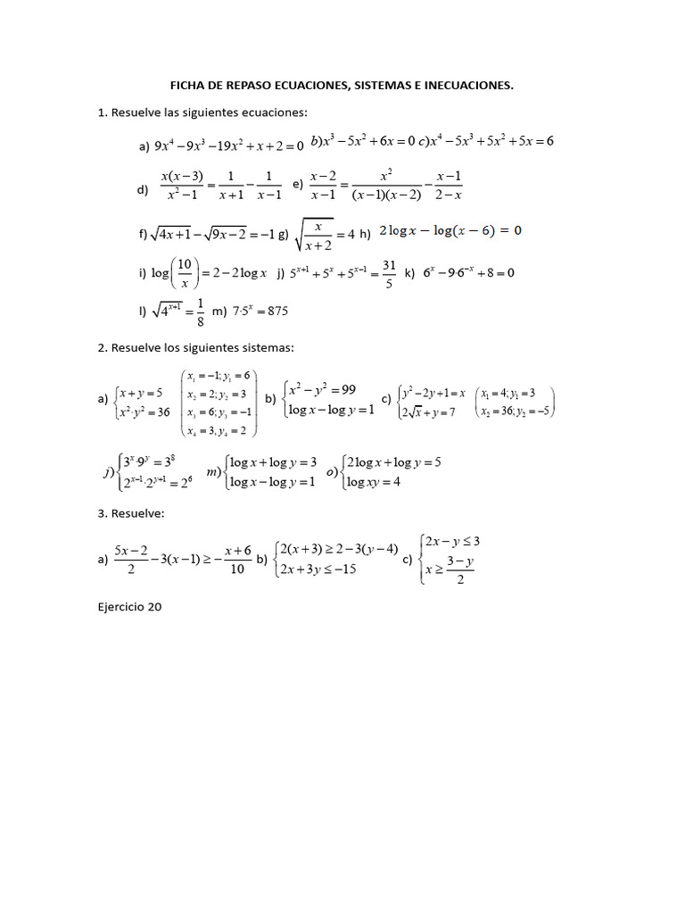 Ficha de Repaso Ecuaciones | PDF