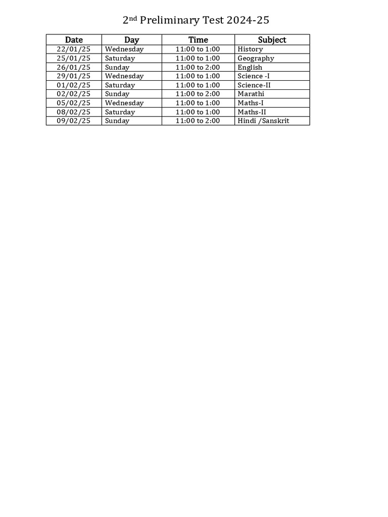 2024-25 2nd Preliminary Test Schedule | PDF