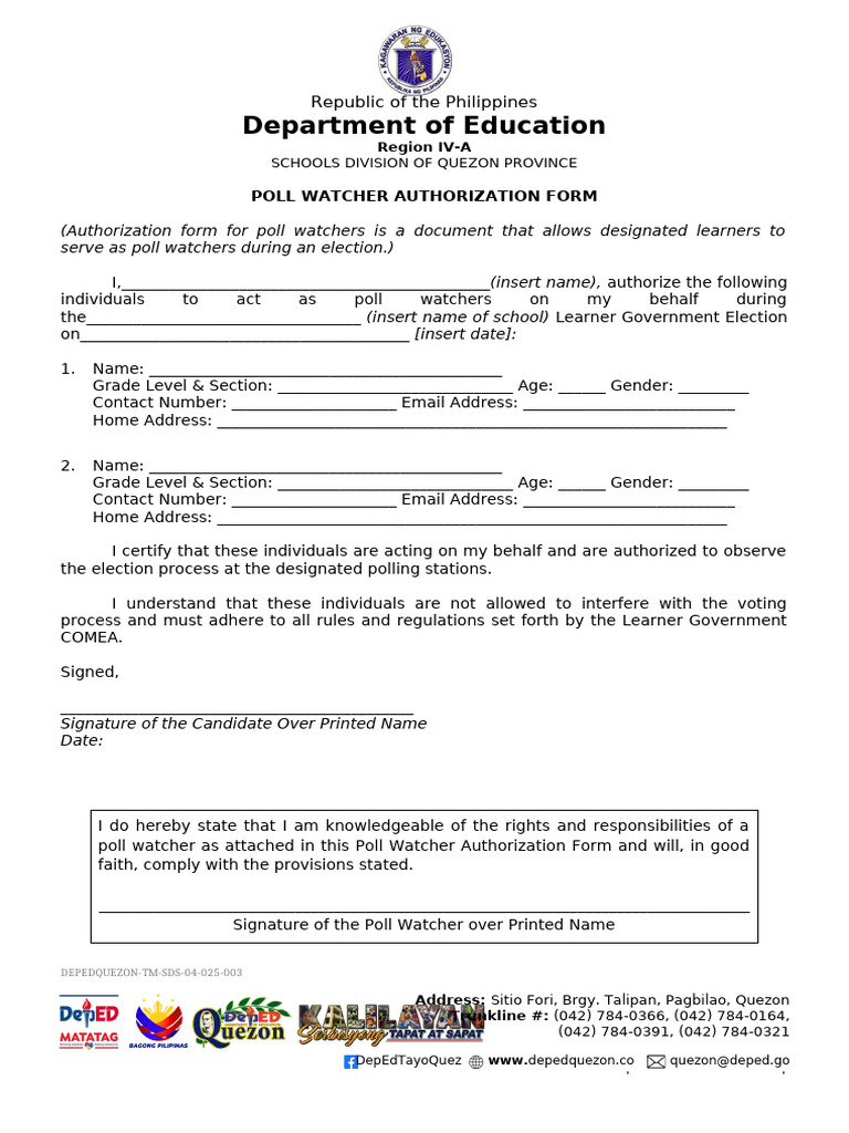 10.-Poll-Watcher-Authorization-Form | PDF | Elections | Group Decision ...