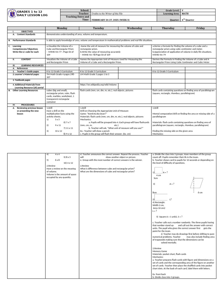 Grade 5 DLL MATH 5 Q4 Week 3 | PDF | Volume | Length