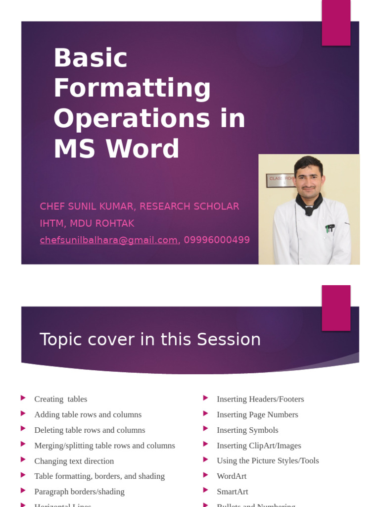 Basic Formatting Operations in MS Word: Chef Sunil Kumar, Research ...