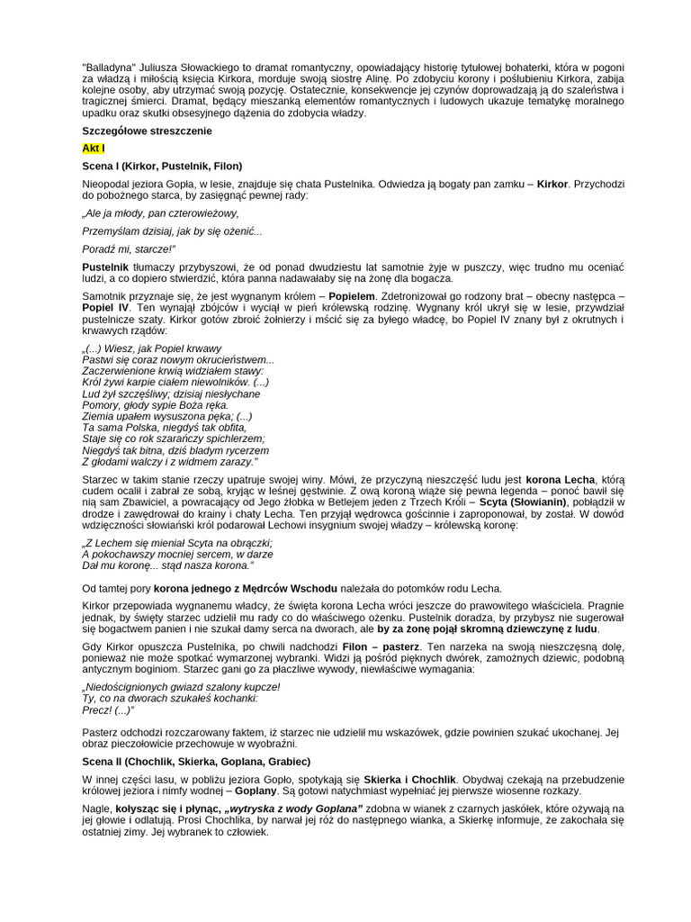 Balladyna Streszczenie | PDF