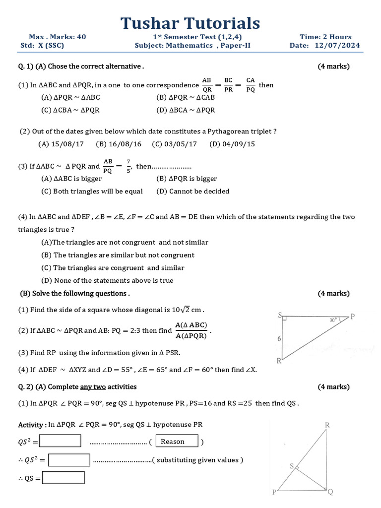 10th SSC - Maths2 Paper | PDF | Circle | Triangle