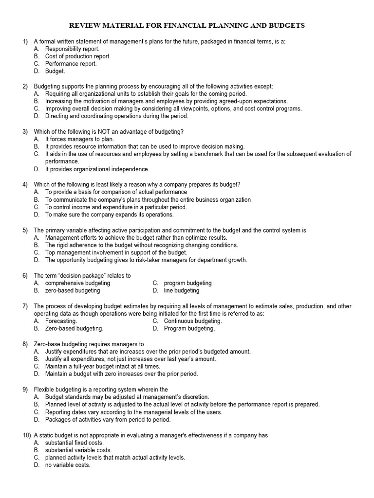 Review Material for Financial Planning and Budgets | PDF | Budget | Inventory