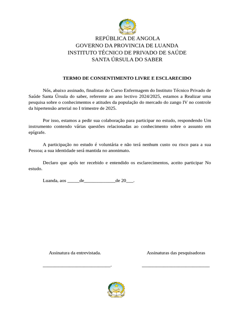Tcle - Ficha de Inquérito. WA. | PDF | Hipertensão | Doenças e distúrbios