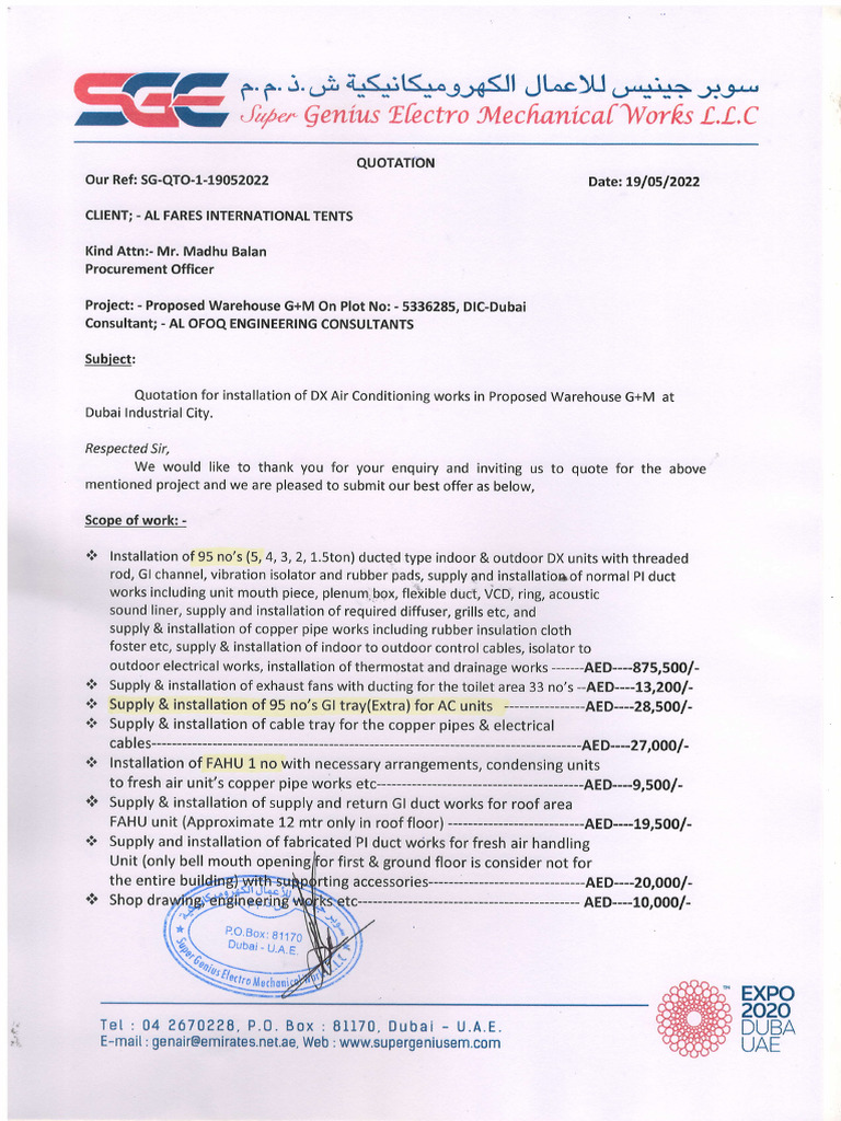 Al Fares International Tents-Hvac Quotation | PDF