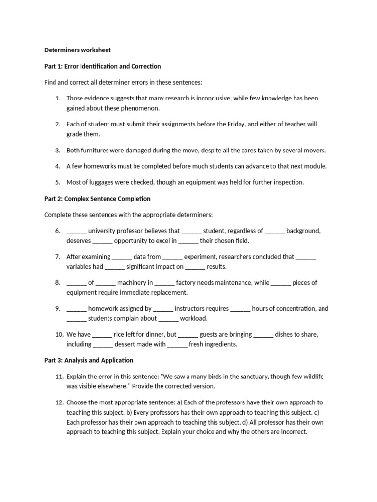 Determiners worksheet | PDF | Noun | Homework