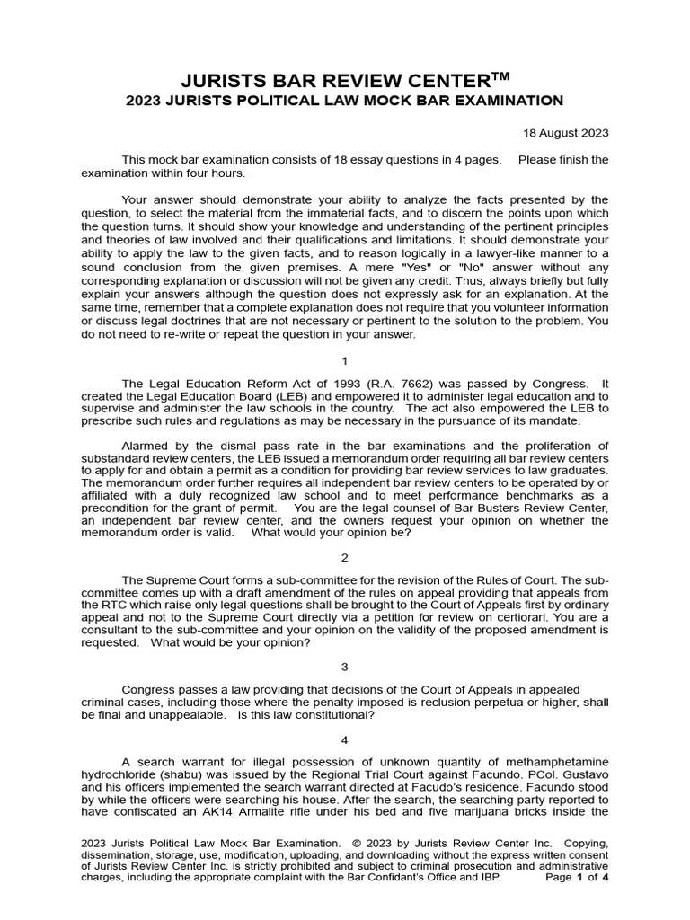 2023 Political Law Mock Bar Exam | PDF | United States Congress ...