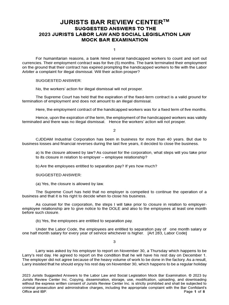 2023 Labor Law Mock Bar Exam Answers | PDF | Employment | Labour Law