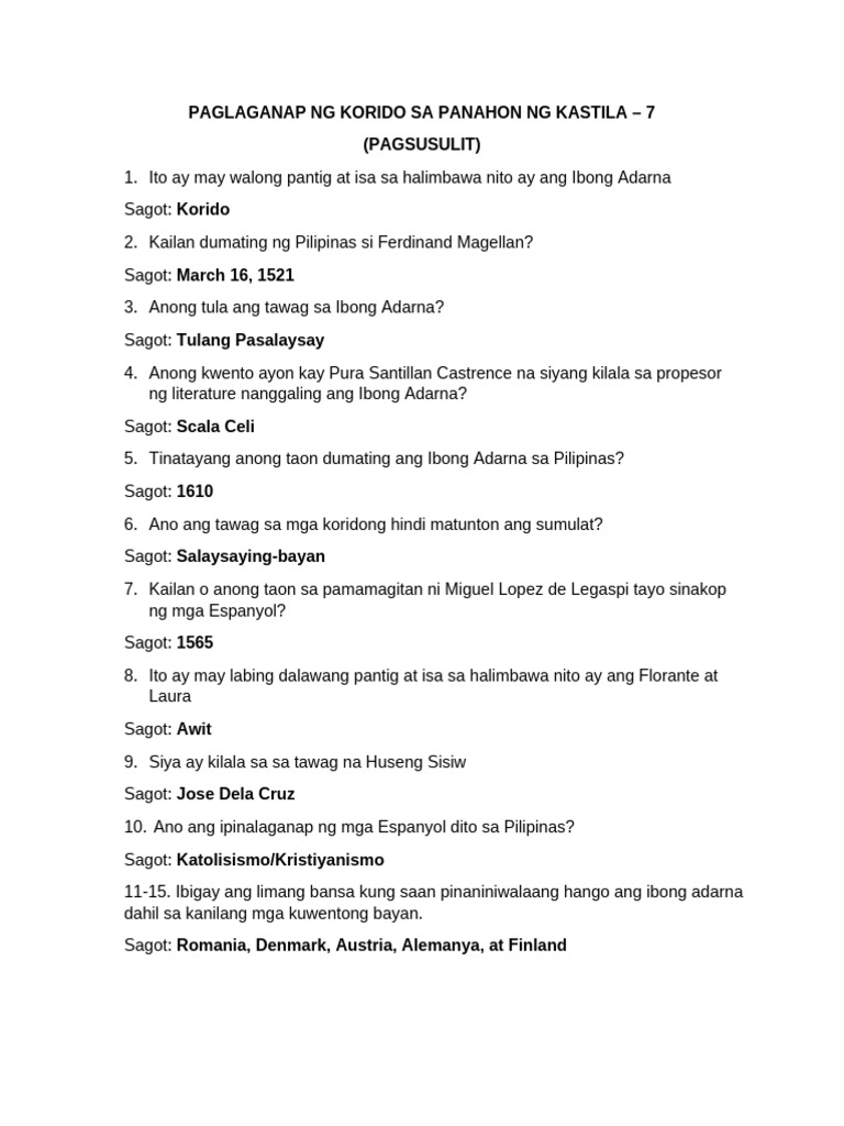 Paglaganap NG Korido Sa Panahon NG Kastila - Pagsusulit | PDF