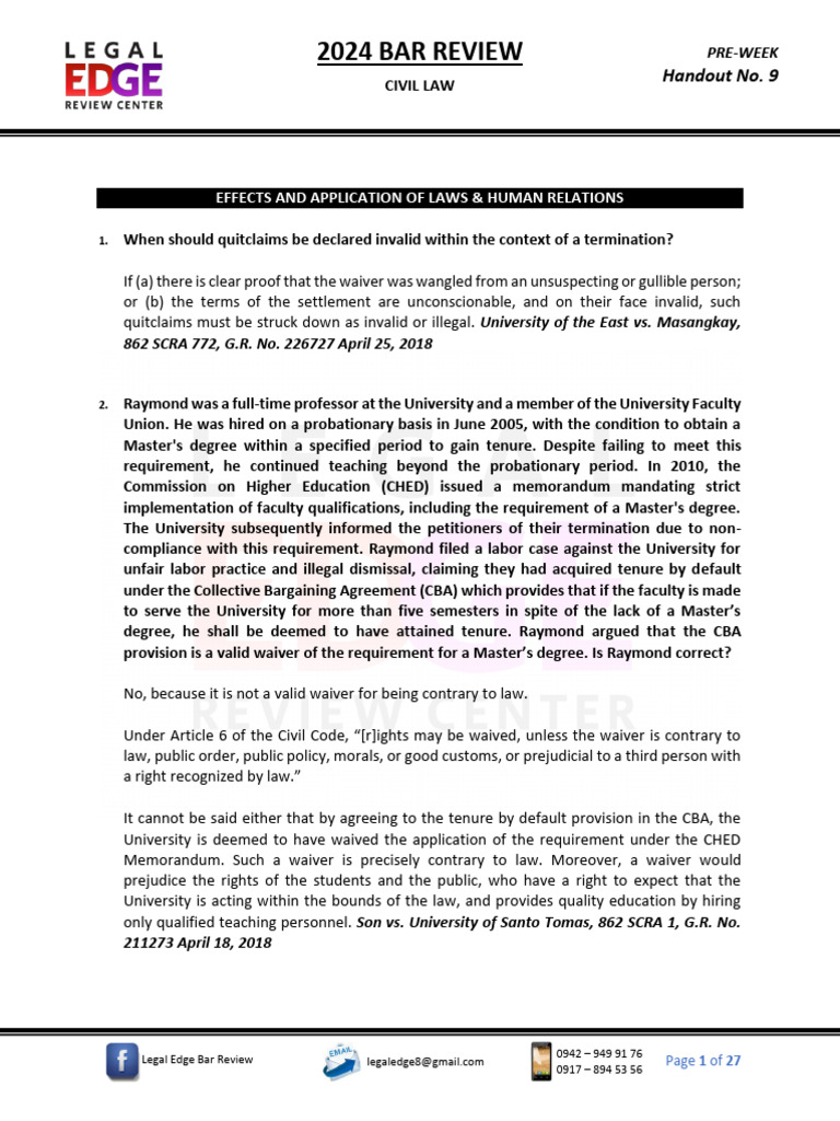 !! Pre-Week - HO 9 - Civil Law PDF | PDF | Marriage | Private Law