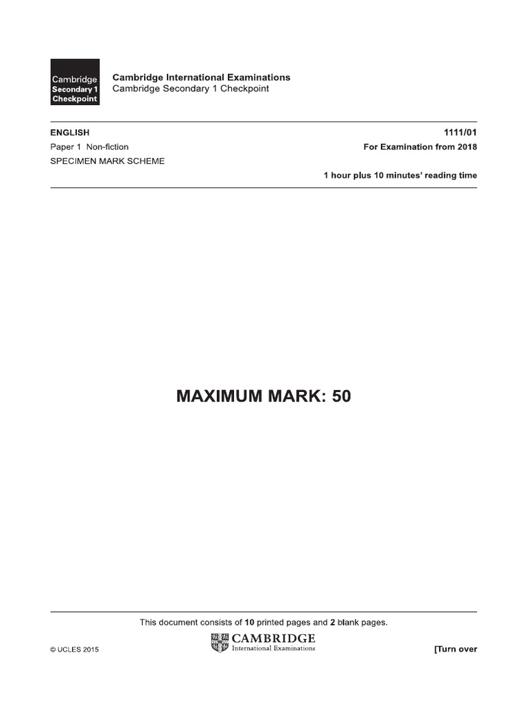 Checkpoint English (0500) - Specimen Paper (2) - Mark Scheme | PDF