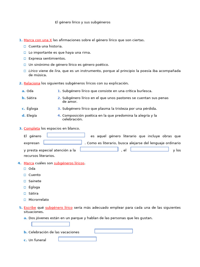 Actividades sobre el género lírico | PDF
