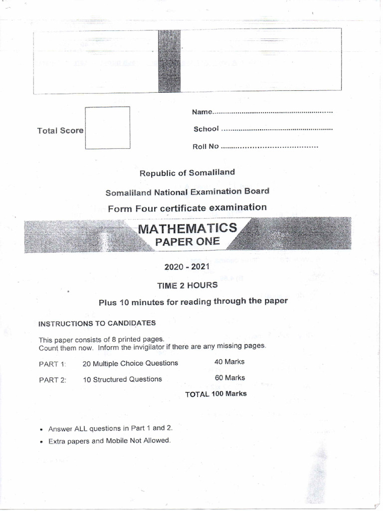 Mathematics Paper One 2021 | PDF