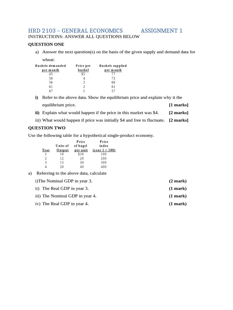 HRD 2103 - General Economics - Assignment 1 | PDF