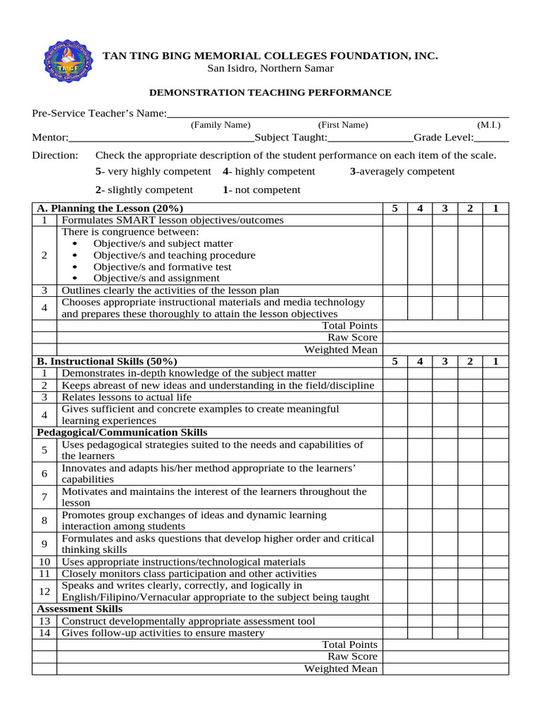 Pre Service Teachers Grand Demonstration Teaching Performance 1 | PDF ...