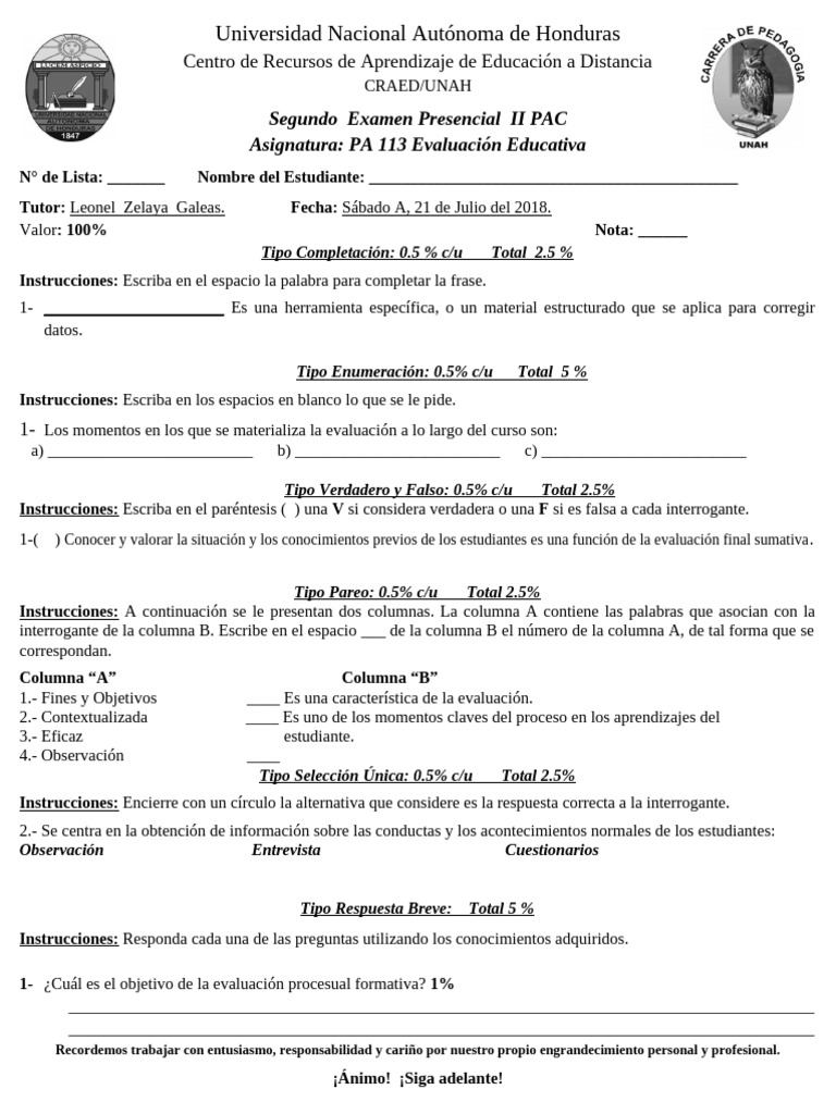 Formato de Examen Escolar II PAC | PDF | Aprendizaje | Cognición