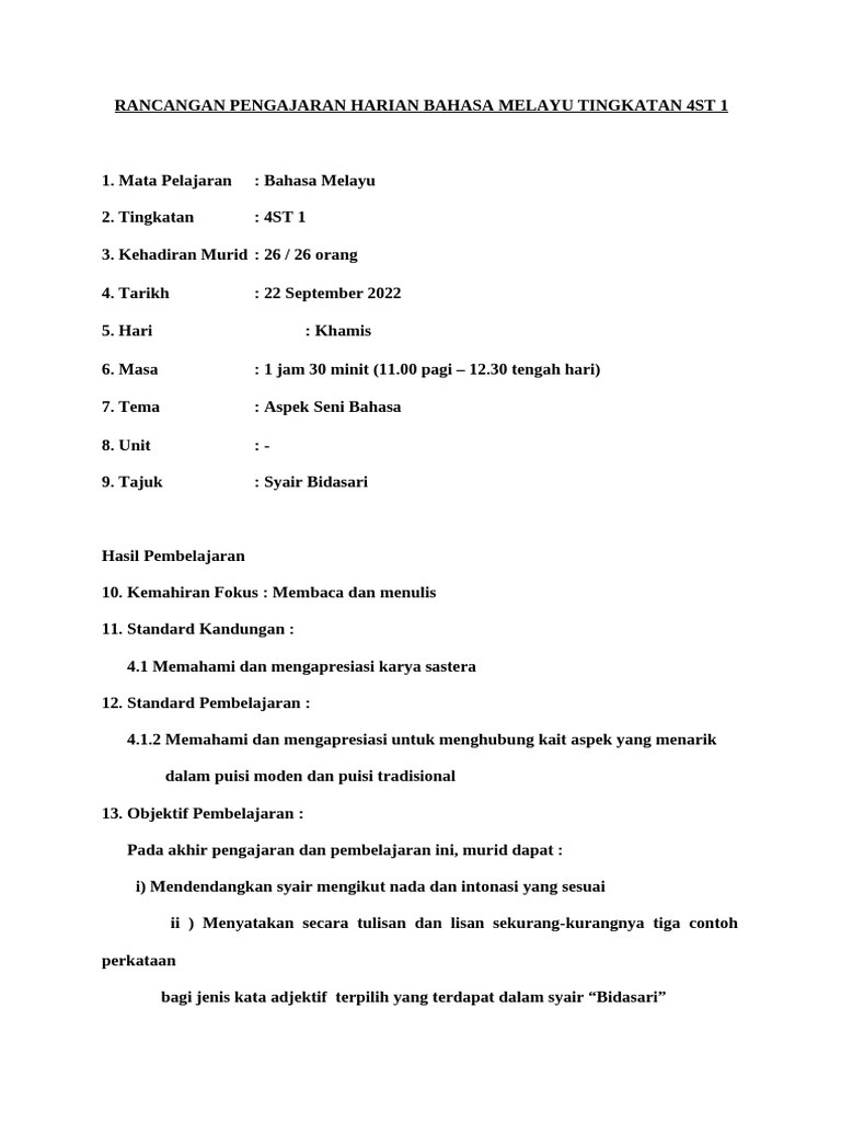 Contoh RPH BM Dpli | PDF