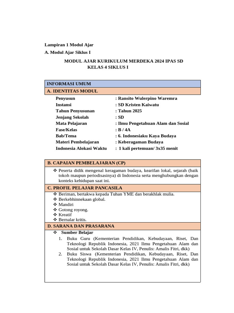 Modul Ajar Siklus 1 Dan 2 | PDF