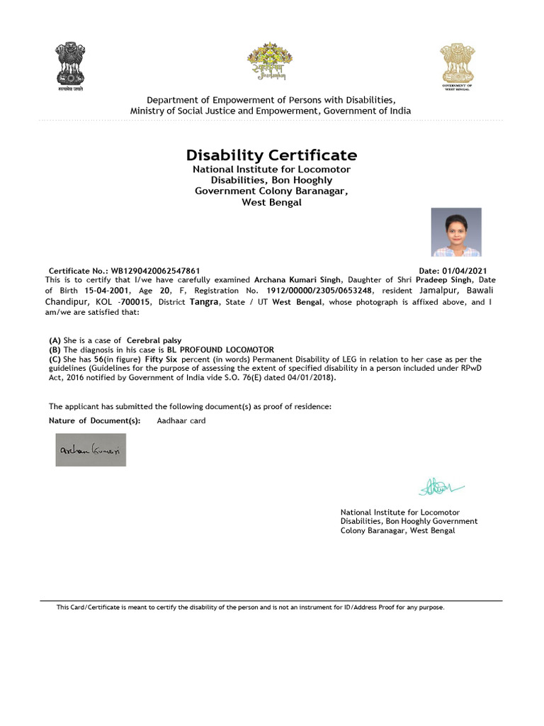 Disability Certificate for Cerebral Palsy | PDF