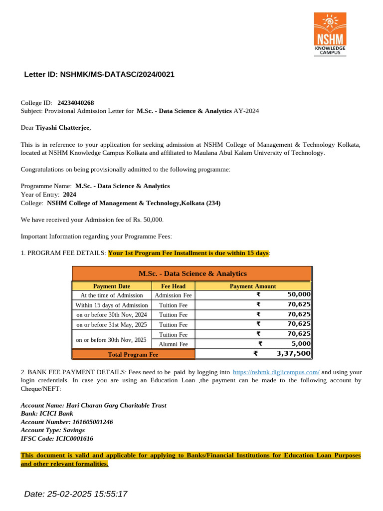 Provisional Admission M.Sc. Data Science 2024 | PDF