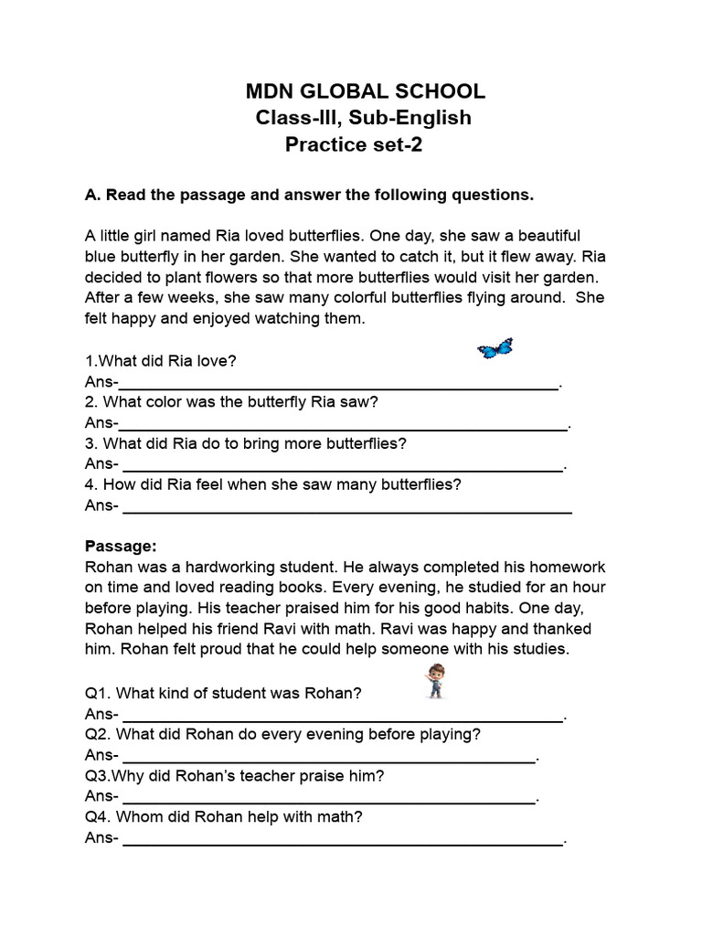 Class-Lll, English - Practice Set-2 For Annual Exam | PDF