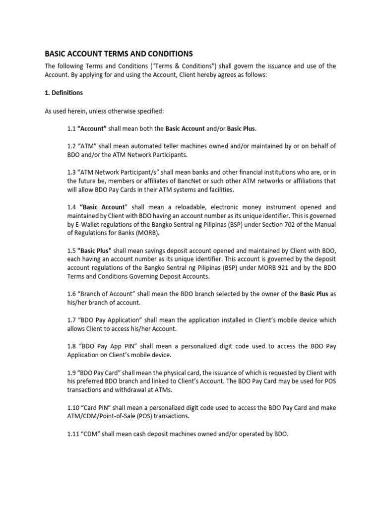 BDO Basic Account Terms & Conditions | PDF | Automated Teller Machine ...