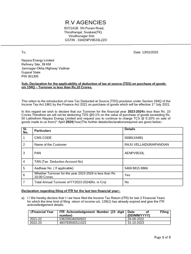 Nayara - TDS 194Q - Customer Declaration - Less Than Rs.10 Crore | PDF ...