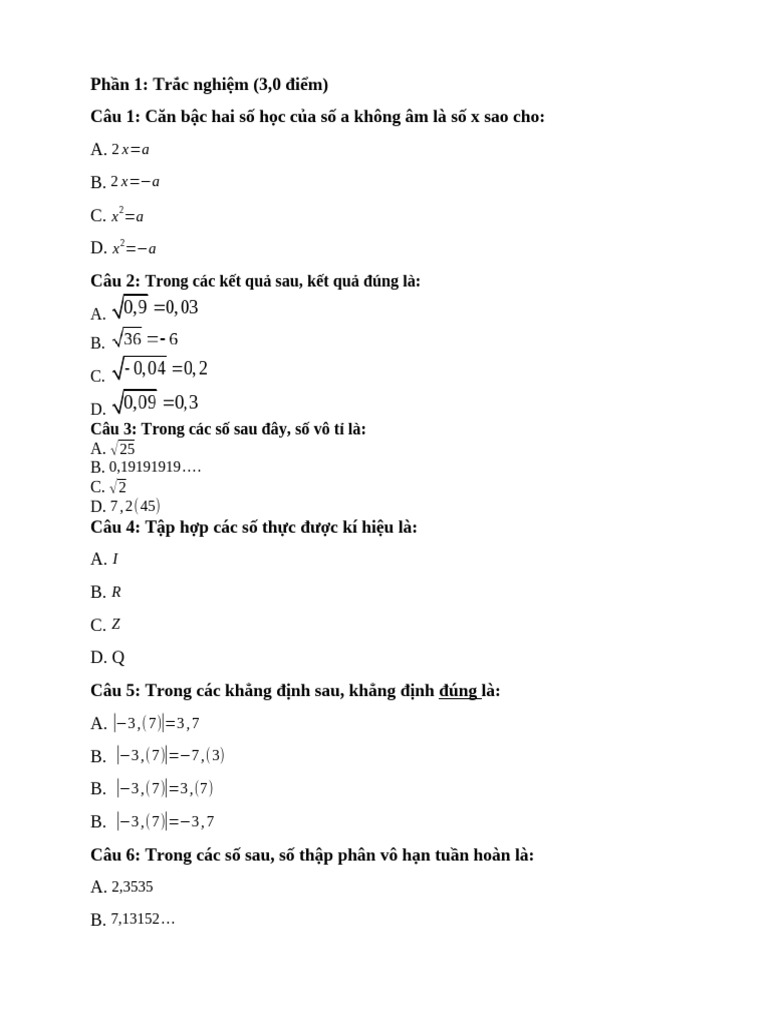 Đề Gốc Và Đáp Án Toán 7 CK1 | PDF