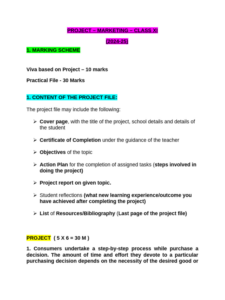 Class 11 Marketing Project Guidelines | PDF