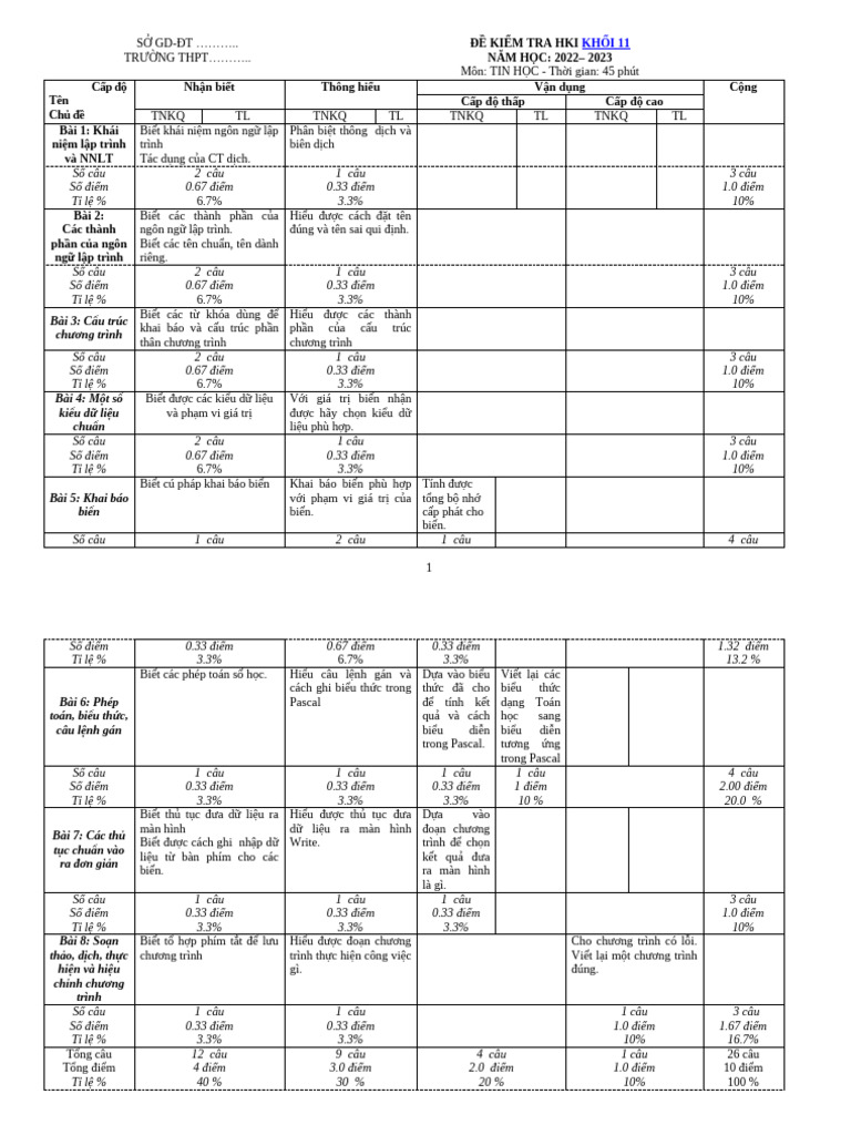 De Thi HK1 Tin 11 de 1 | PDF