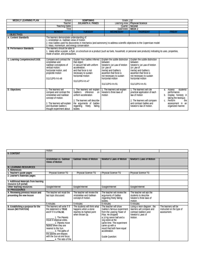 Physical Science DLL Q2W2 | PDF | Inertia | Force