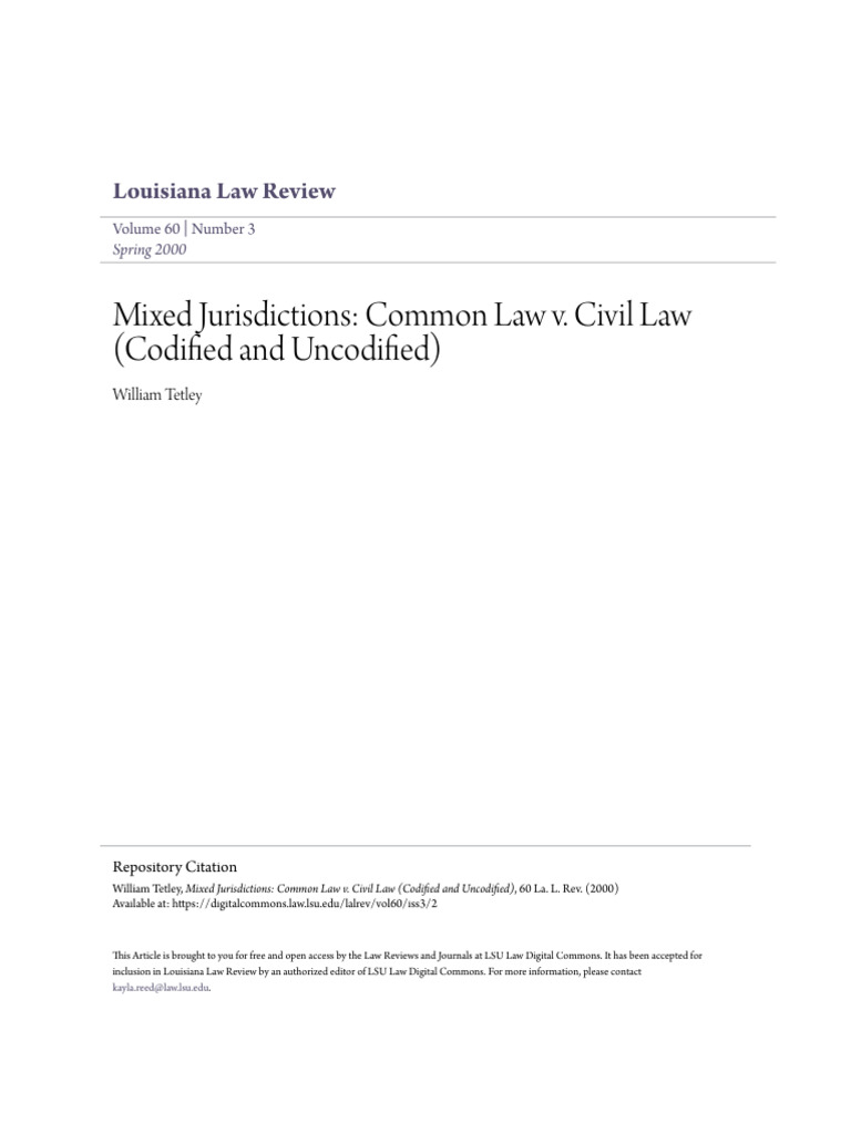 Mixed Jurisdictions - Common Law v. Civil Law (Codified and Uncodified ...