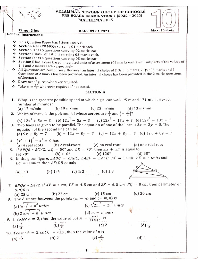 Math class 10 sample qp | PDF