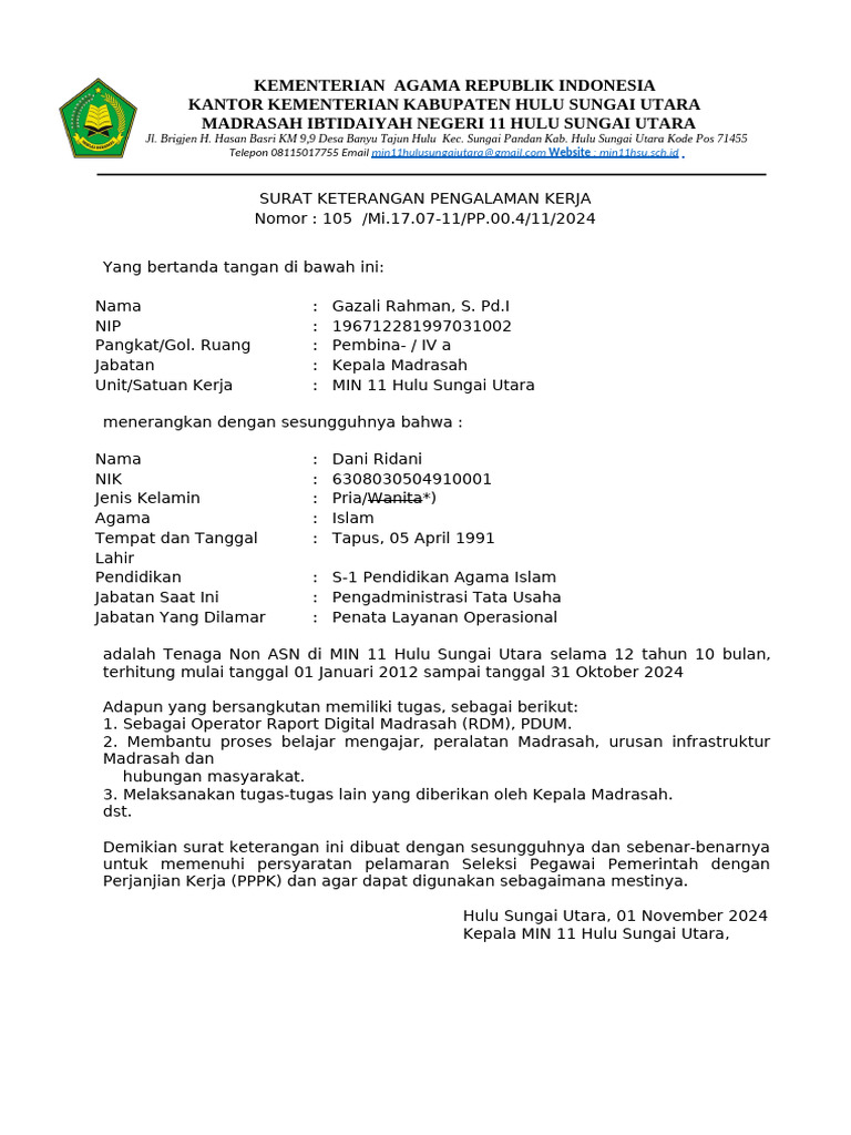 Surat Keterangan Pengalaman Kerja PPPK Kemenag 2024 Dani | PDF