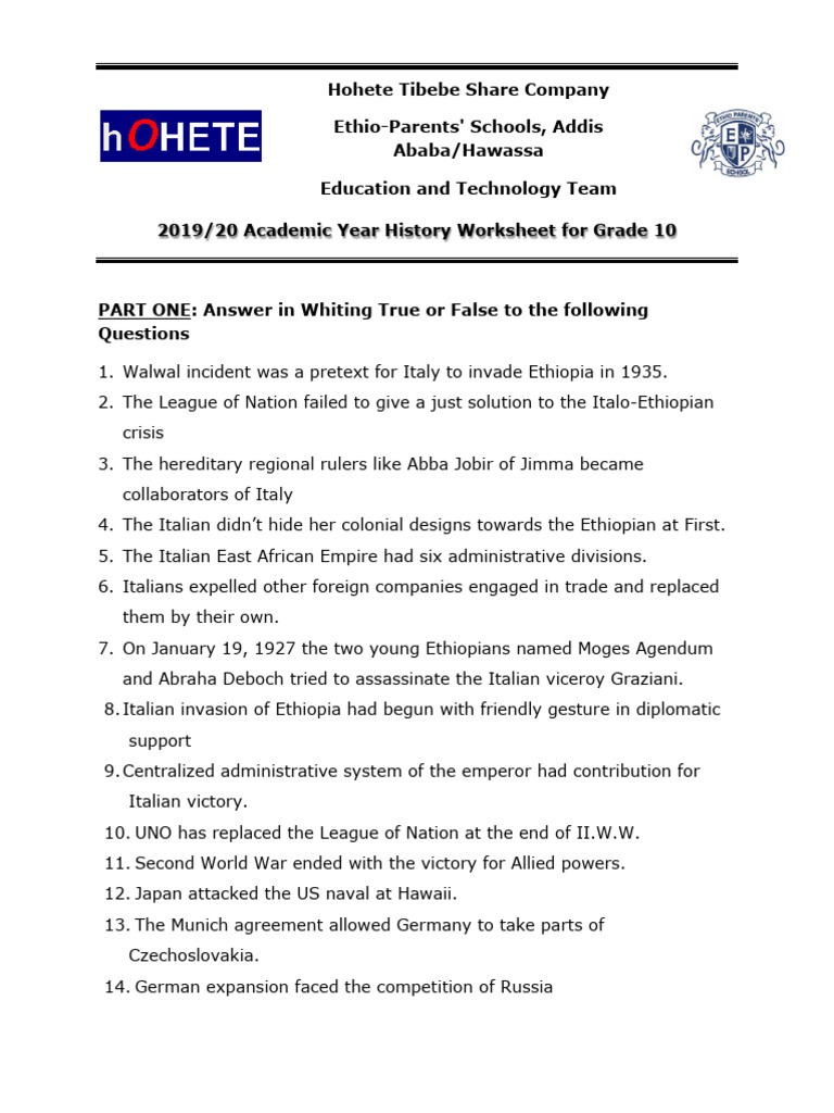 Grade 10 History Worksheet | PDF | Ethiopia | Global Politics