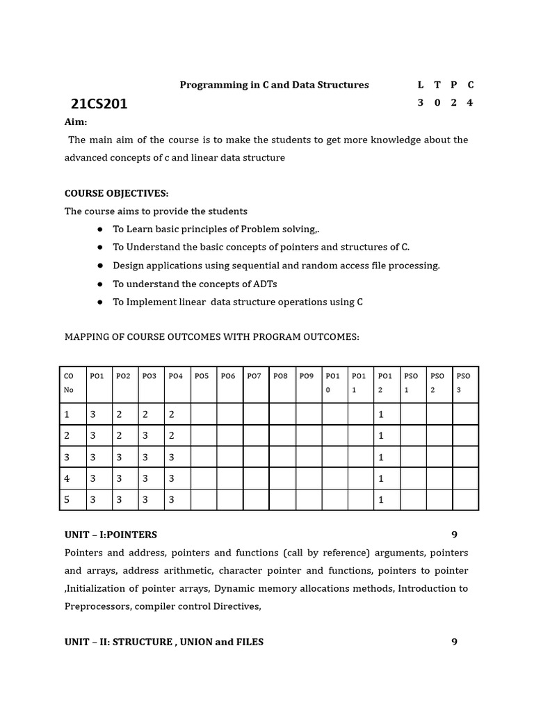 21CS201-PDS syllabus.docx | PDF | Pointer (Computer Programming) | Data Structure