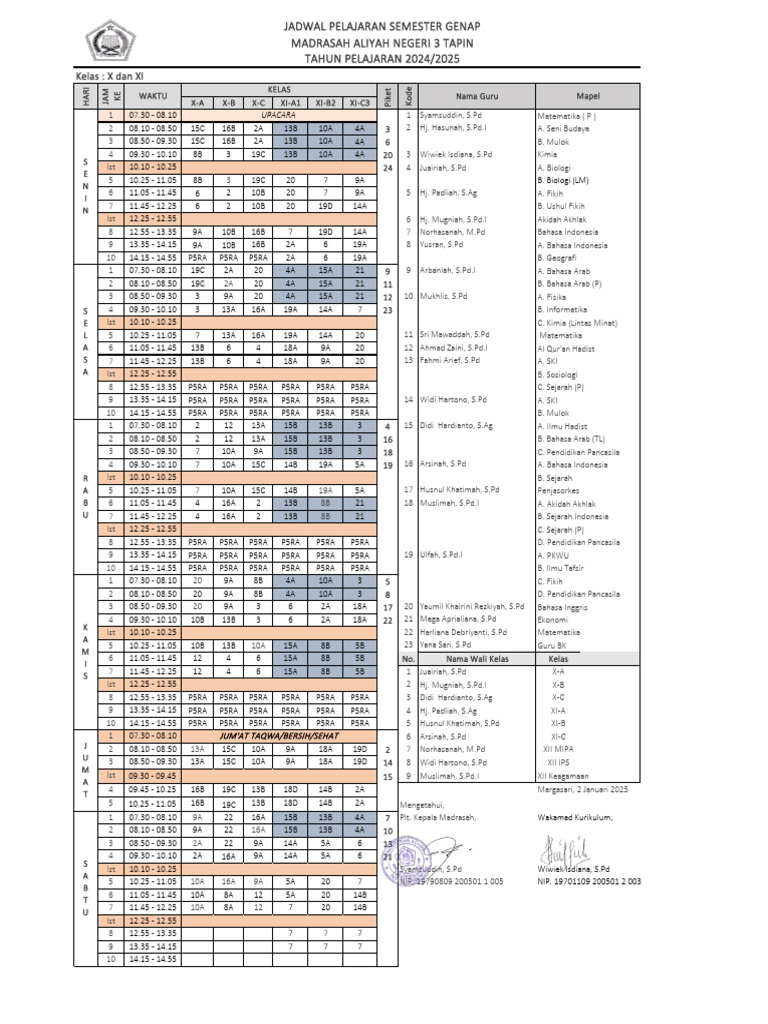 Jadwal Pelajaran GJL GNP TP 2024-2025 KELAS 10 DAN 11 | PDF