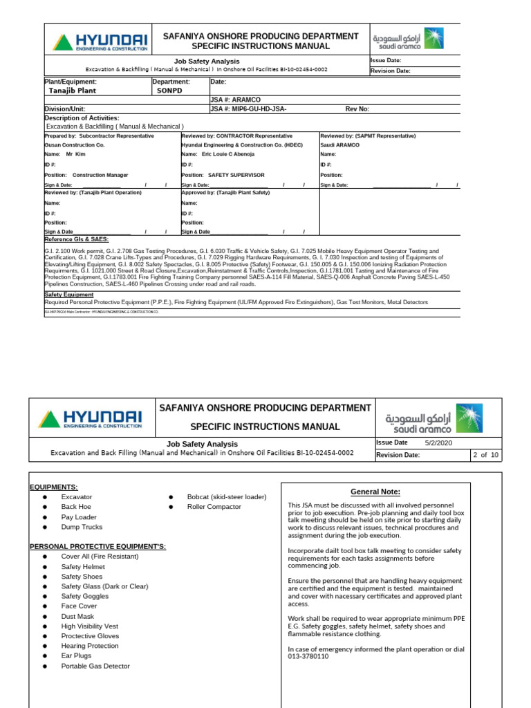 Job Safety Analysis for Excavation Work | PDF | Personal Protective ...