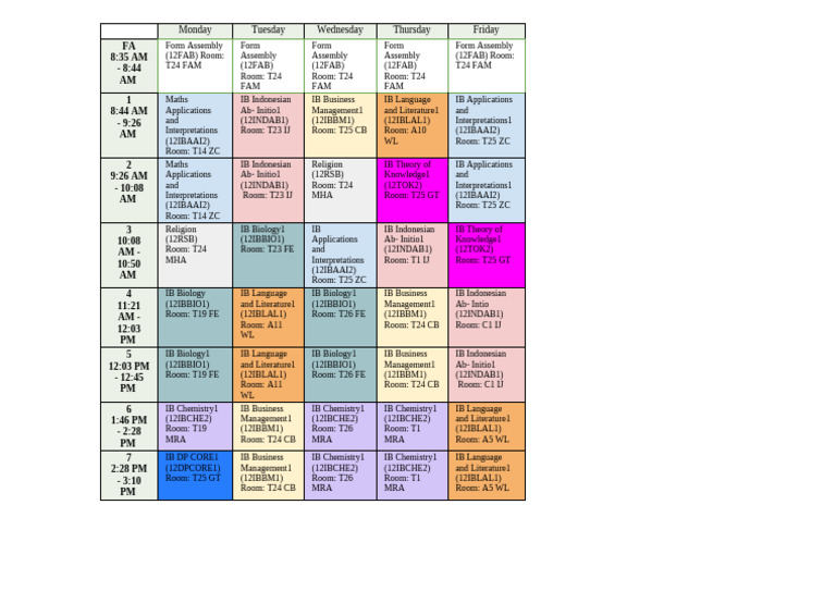12FAB Timetable Overview | PDF
