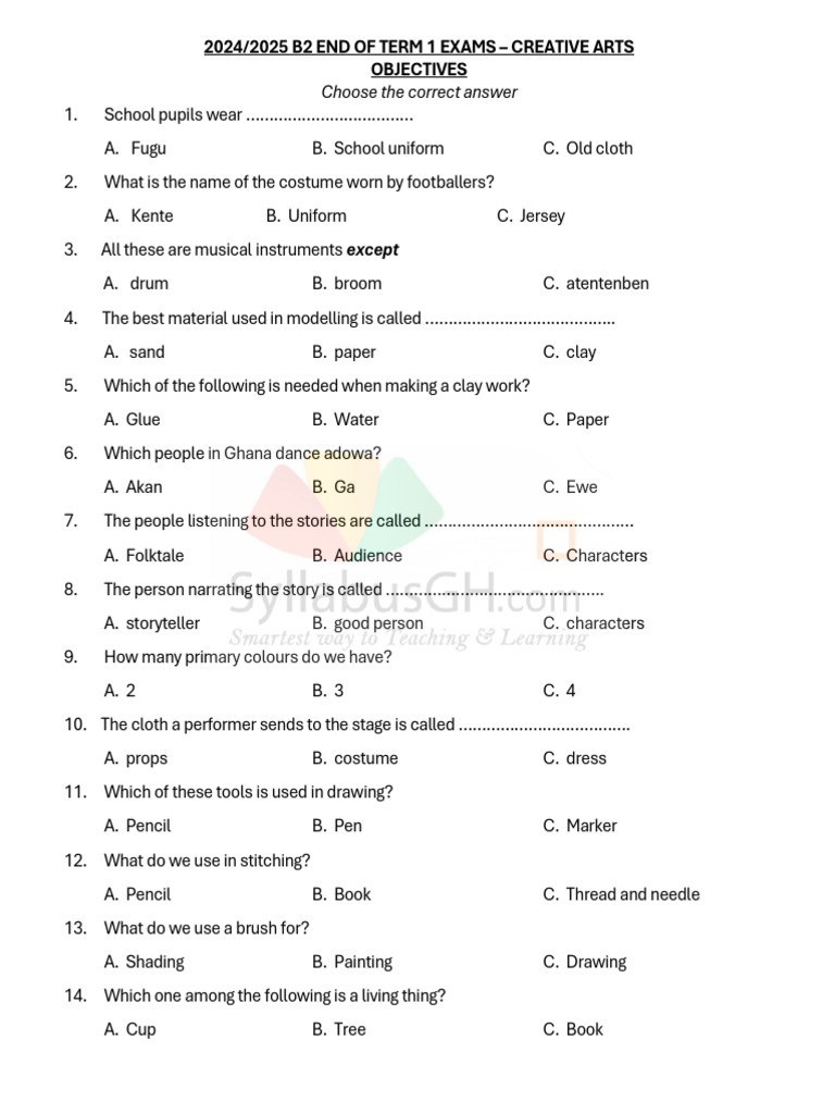 2025 B2 End of Term 1 Exams - Creative Arts A | PDF | Clothing