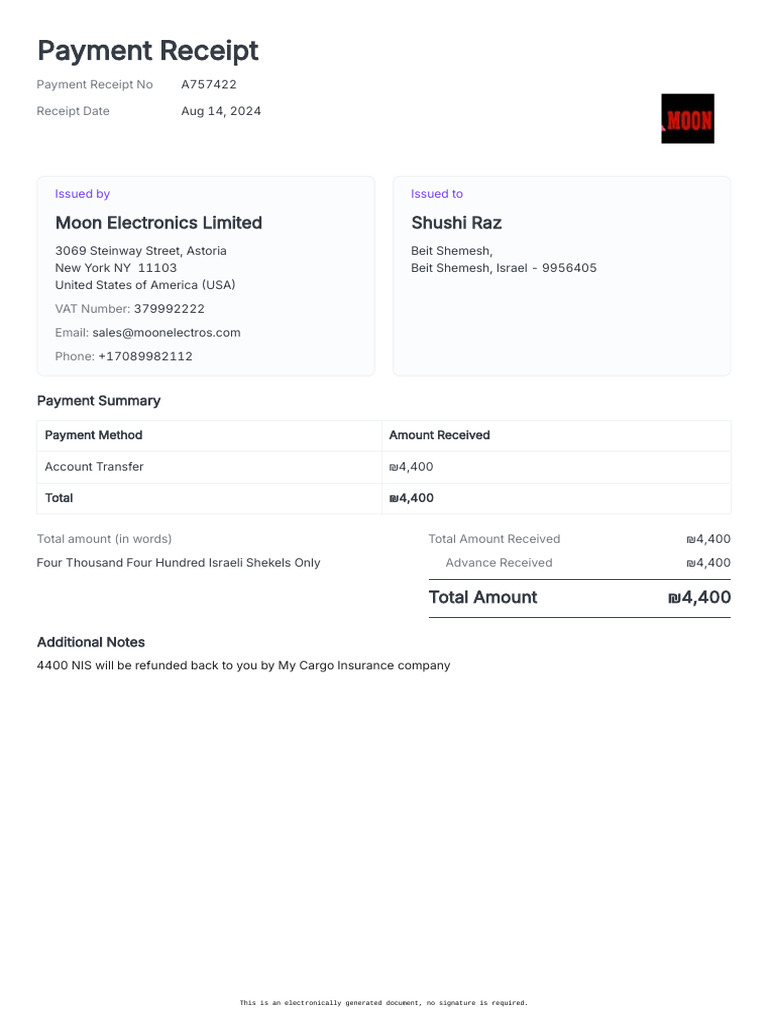Paymentreceipt A757422 Moon Electronics Limited Shushi Raz | PDF