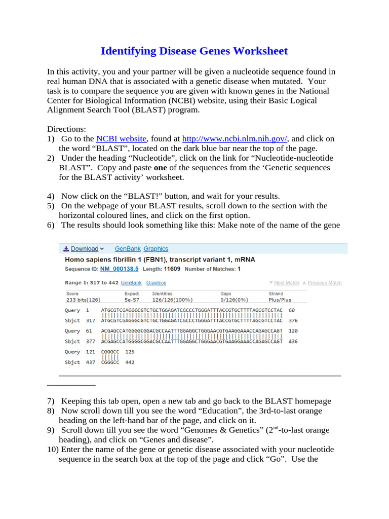 Identifying - Disease - Genes - Worksheet BY SAJA SABIH YR10 | PDF ...
