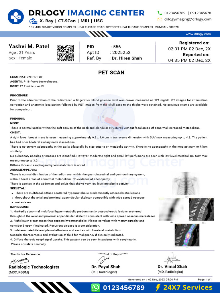 PET Scan Report Format Example Sample Template Drlogy Lab Report | PDF ...