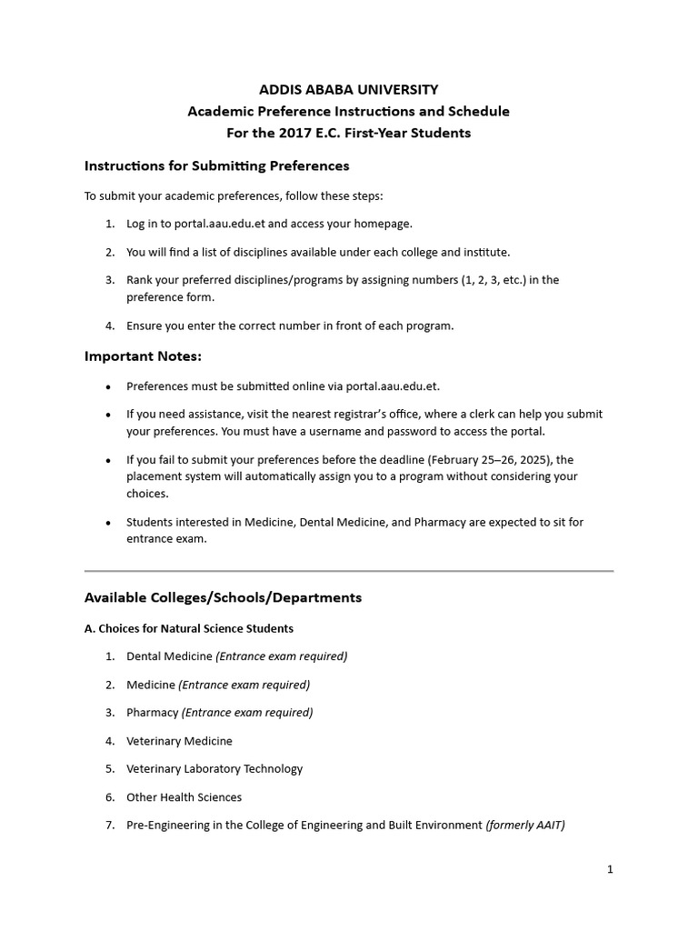 Academic Preference Instructions and Schedule For The 2017 E C First ...